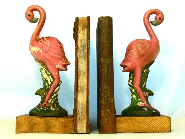 'FLAMINGO' pink tropical bird antique cast iron bookends HUBLEY