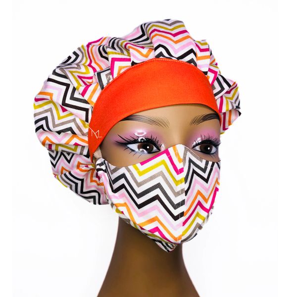 Surgical Bouffant Cap & Face Mask in Chevron Rainbow Set