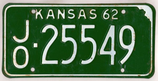 Kansas 1962 car license plate Johnson county #JO-25549