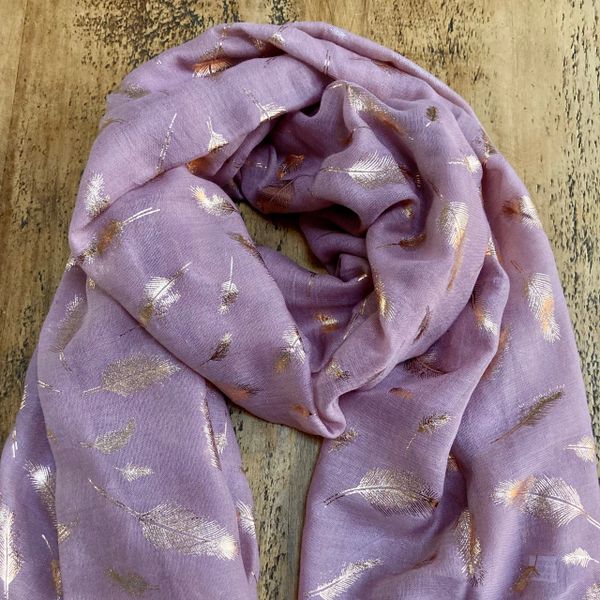 Soft Gold Feather Print Scarf - Dusky Pink & Gold