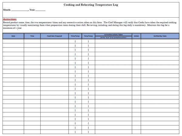 Cooking and Reheating Temperature Log