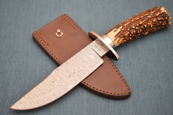 Mike Ruth Stag Damascus Bowie Knife + Rowe Leather Sheath | Windy City ...