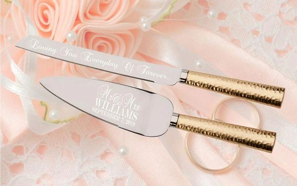 Personalized Wedding Cake Knife Set With Gold Hammered Handles Engraved ...