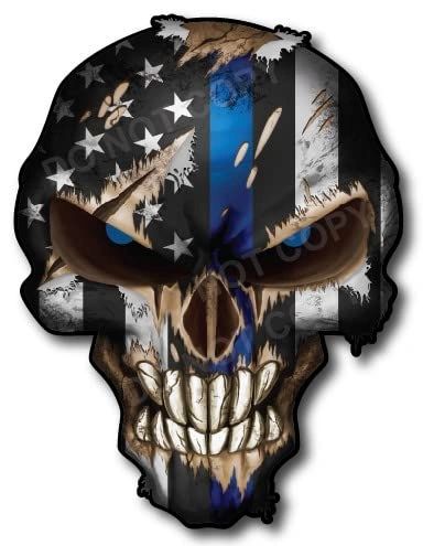 12" Tall Thin Blue Line Skull with Blue Reflective Eyes Police Officer ...