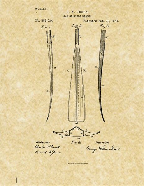 Oar or Skull Blade 1887 Patent #358034