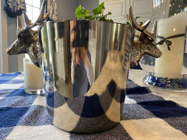 11.5" polished silver ice bucket with deer head handles