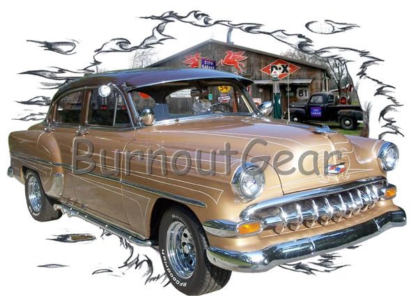 1954 GOLD CHEVY 4 DOOR b CUSTOM HOT ROD GARAGE 54, T-Shirt, Muscle Car Tee