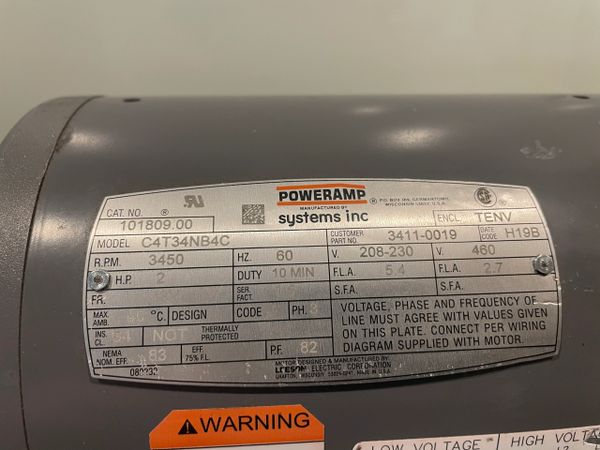 Poweramp 3411-0019 Motor 3Ph 2HP 3450 RPM 208-230/460V NEW! FREE ...