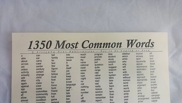 1350 Most Common Words Sheet