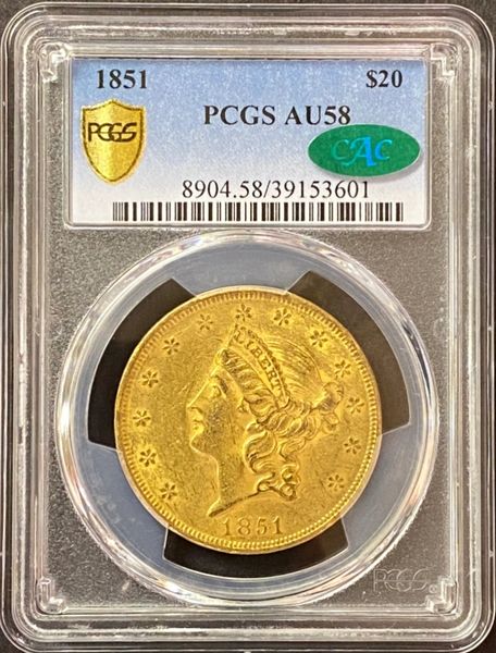 1851 $20 Liberty Double Eagle PCGS AU58 CAC