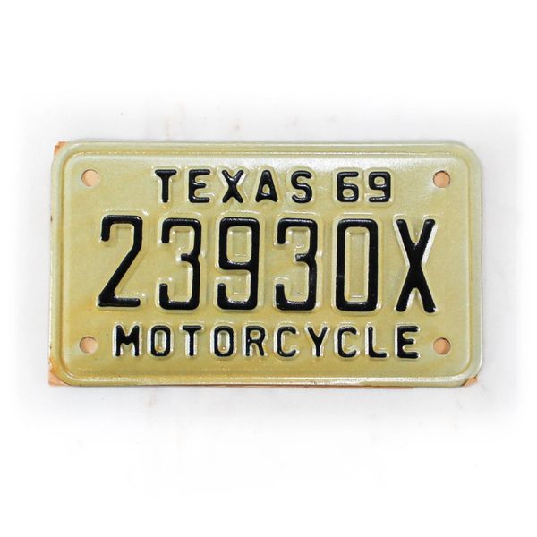 Texas 1969 Motorcycle Plate, Original Condition, Unissued