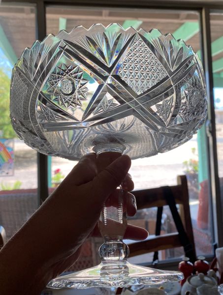Very Large Vintage Cut Lead Crystal Compote Dish, 8” in diameter