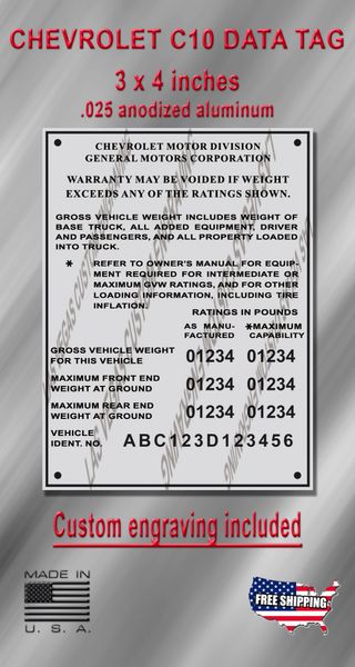 CHEVROLET C10 Aluminum Vin/Data plate - Customization included