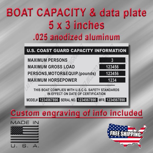 BOAT CAPACITY & Data PLATE - 5x3 SILVER Aluminum Tag with custom ...