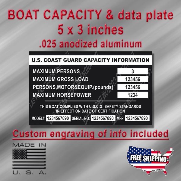 BOAT CAPACITY & PLATE BLACK - 5x3 Aluminum Tag with custom engraving of ...