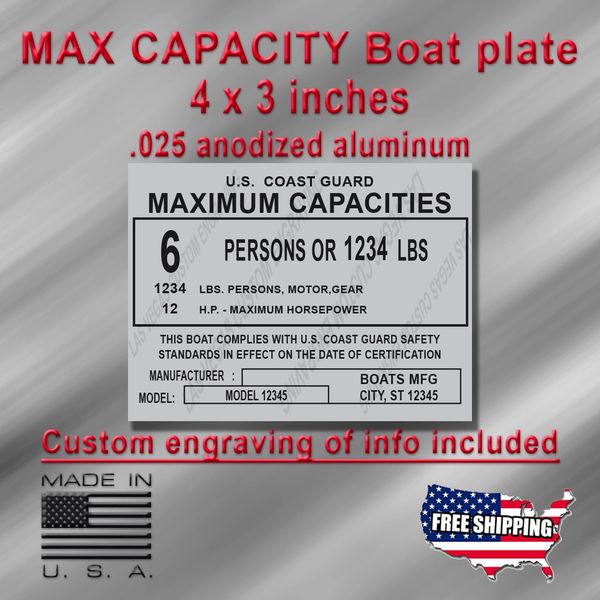 MAX. CAPACITIES Boat PLATE - 4x3 SILVER Aluminum Tag with custom ...