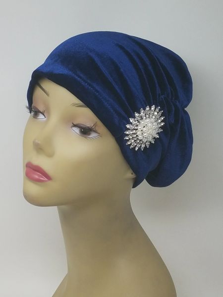 Velvet Brooch Head Wrap in Navy Blue