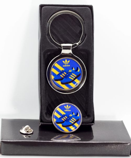 Adidas Stockholm Nickel plated metal domed lapel badge and Keyring set