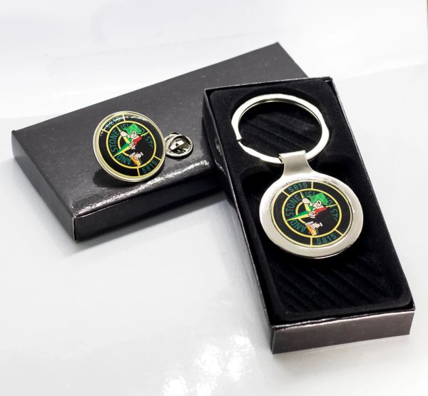 Andy Capp Stone Island metal lapel badge and key ring set