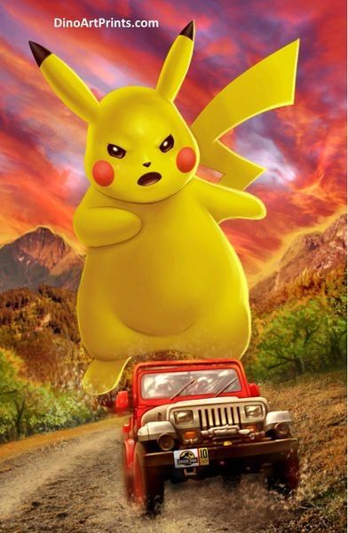 Pikachu Rex Jurassic Park Jeep Chase (11"x17") Print