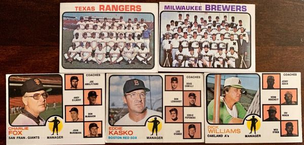 1973 Topps Baseball Cards, Lot of 5, Two Team Cards, 3 Manager Cards