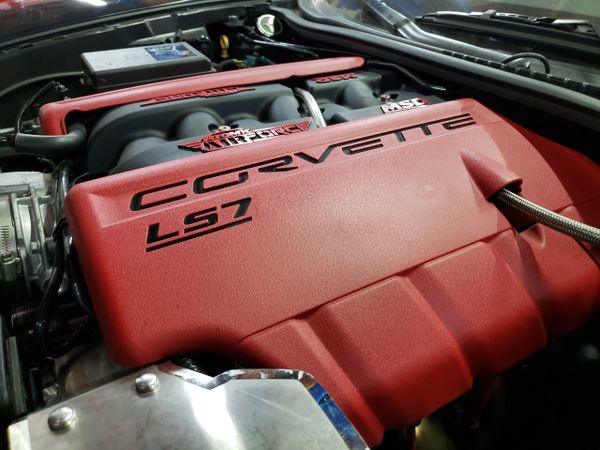 Red LS7 Engine Covers Trimmed for MSD Intake Manifold