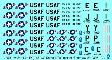 A-26 / B-26B Invader, 13th BS, 3rd BW Korea 1/200 scale decals