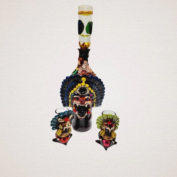 Liquor bottle, Jaguar Warrior, Shot Glass, 2, Decorated, Aztec Calendar ...
