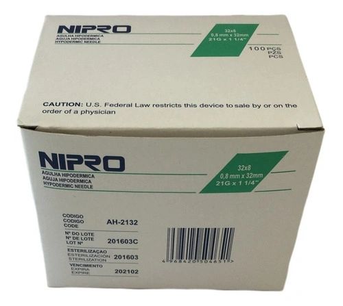 AGUJA HIPODERMICA 21GX32 MM. VERDE CAJA C/100