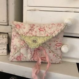 Mini hand-stitched quilted envelope - pink and green paisley durham quilt