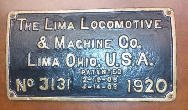 Replica Lima Locomotive Works Builders Plate Shay #7 (Rectangle)