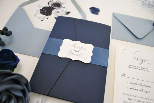 Paper & Party Supplies Navy Midnight blue Pocket wedding invitation ...