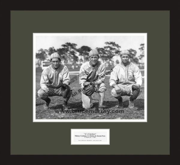 A's Catchers: Mickey Cochrane, Cy Perkins & Jimmie Foxx, ca. 1925 - Framed