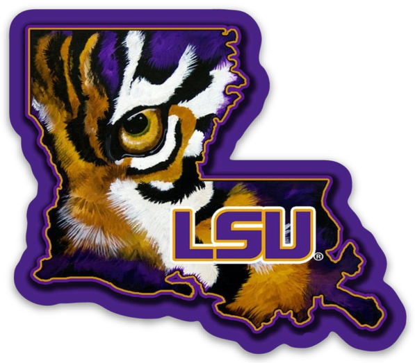 LSU State Outline with Tiger Face Mascot and logo Type Die-cut MAGNET