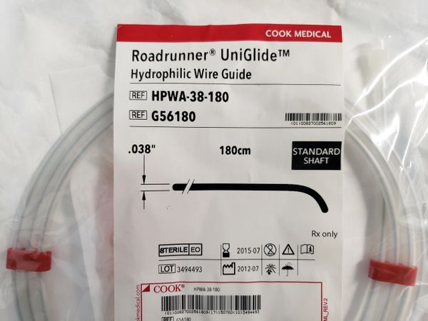 COOK MEDICAL G56180 GUIDEWIRE VASCULAR 0.038 180CM HYDROPHILIC ANGLED ...