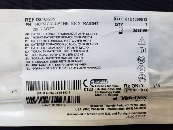 TELEFLEX DSTC-28S PLEUR-EVAC 28F THORACIC CATHETER, STRAIGHT (SOFT)