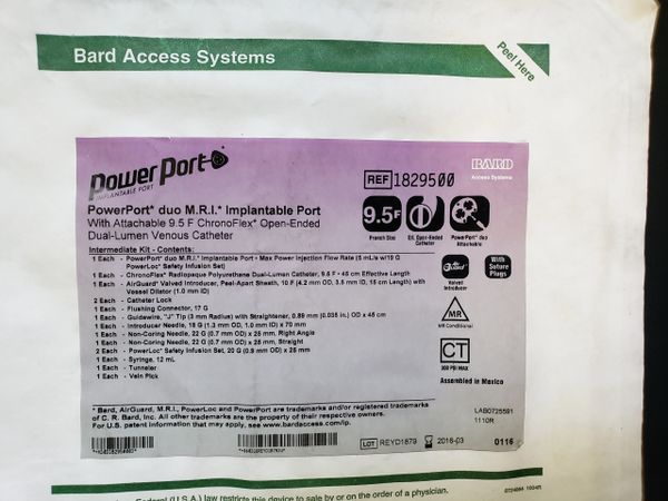 BARD REF: 1829500 POWERPORT DUO M.R.I. WITH 9.5F CATHETER, INTERMEDIATE ...