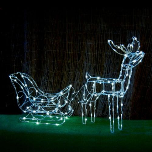 SOLAR Flashing Reindeer Sleigh WHITE LED Fairy Light Outdoor Christmas Deer