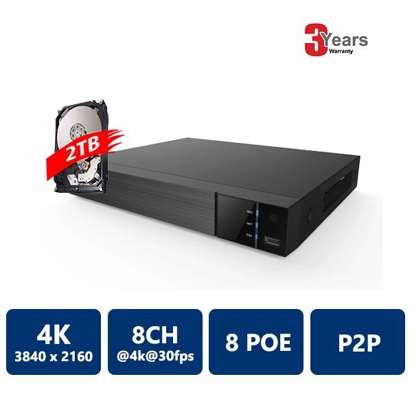 EYEONET NVR-63108-8P 8CH 8PoE 4K Real Time NVR, 2TB HDD pre-installed