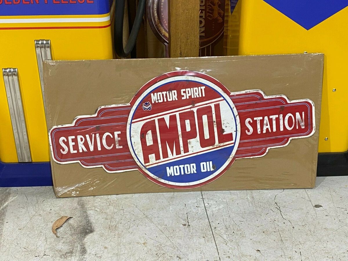 AMPOL LARGE EMBOSSED METAL SIGN