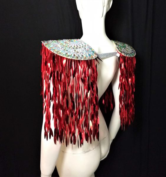 Cherry Red sequin fringe Large AB Crystal Epaulets AB Color Laser Cut ...