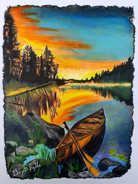 'Water Like Glass' - Sunset Canoe Lake - Original Pastel Drawing - by # ...