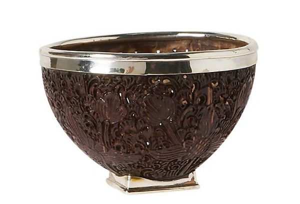 Carved Coconut Vessel with Sterling Silver Trim and BAse