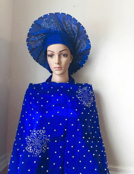 Blue auto Gele With Shoulder Shawl, Aso Oke, Ready Made Gele, Fan Gele ...