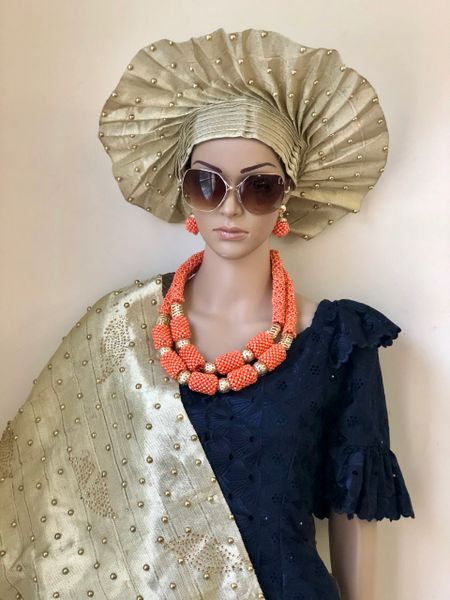 Gold Auto Gele with Shoulder shawl