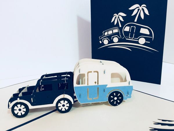 Super Cute 4WD Towing a Vintage Caravan in Blue Pop Up Greeting Card