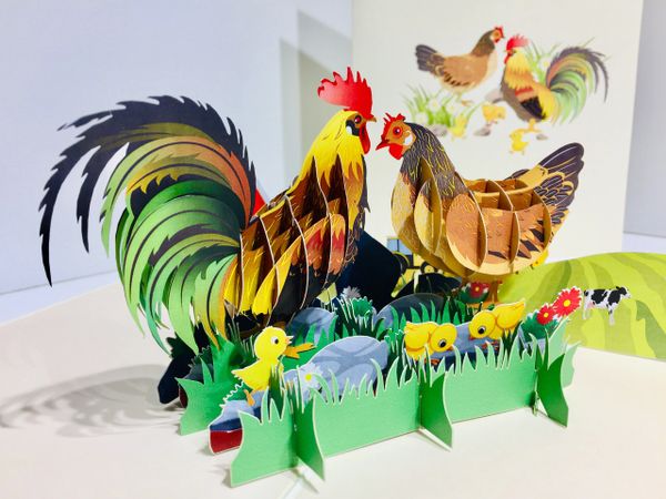 Cute Chicken Family Colourful Rooster & Hen Pop Up Greeting Card