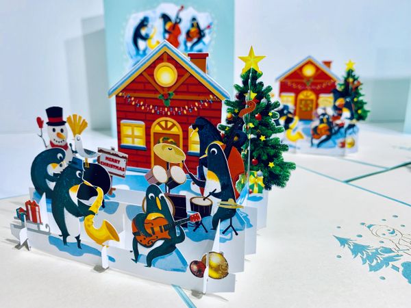Snowman & Penguin Rockin' Around the Christmas Tree Pop Up Greeting Card