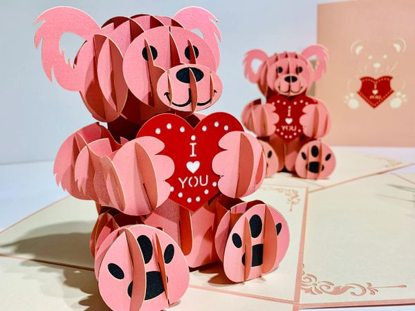 Super Cute Pink Love Teddy Bear Pop Up Greeting Card