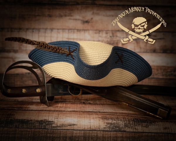 Tan and Blue Straw Pirate Tricorn Hat